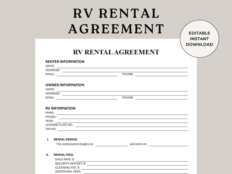 RV Rental Agreement, Motorhome Contract, RV Rental Contract, Trailer ...