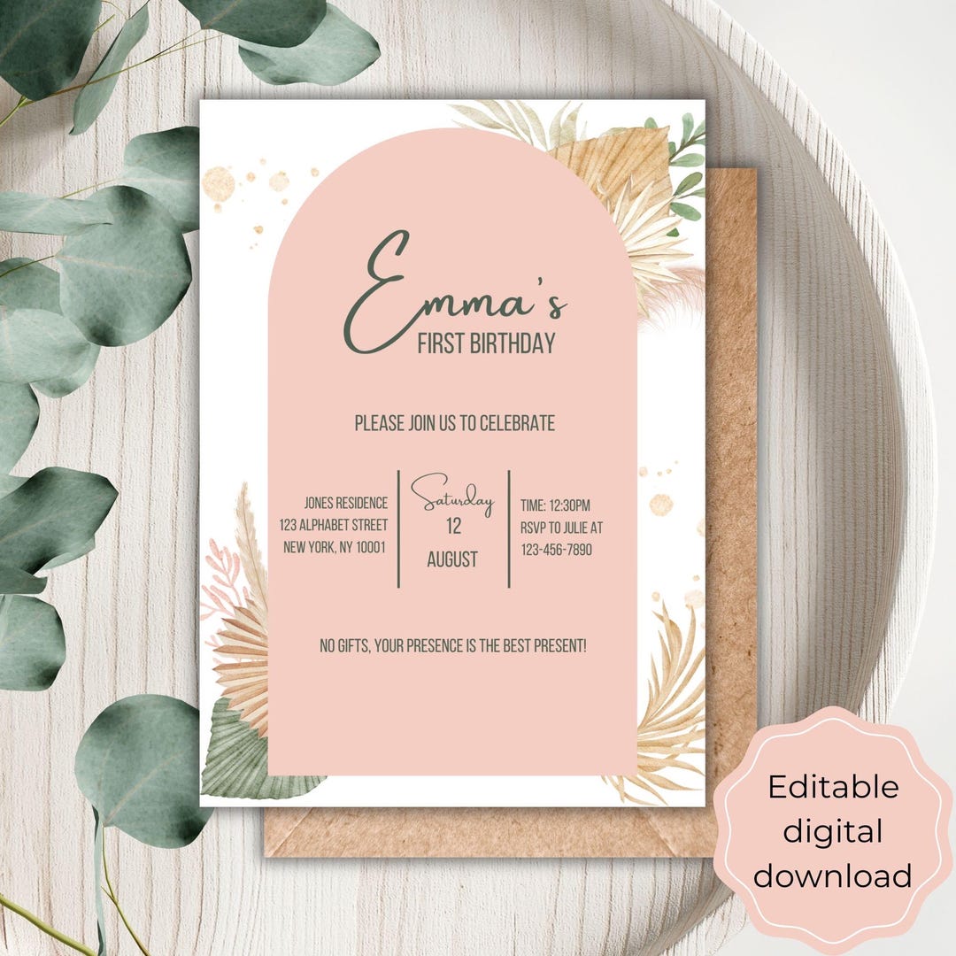 Boho Chic Birthday Invitation, Minimalist Template (digital Download ...