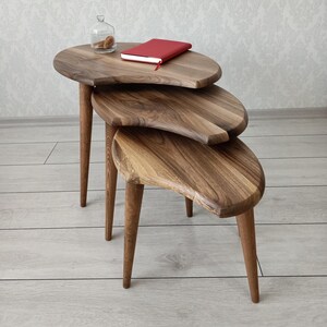 Walnut Nesting Table Set, Natural Wooden Coffee Table Set for Living ...