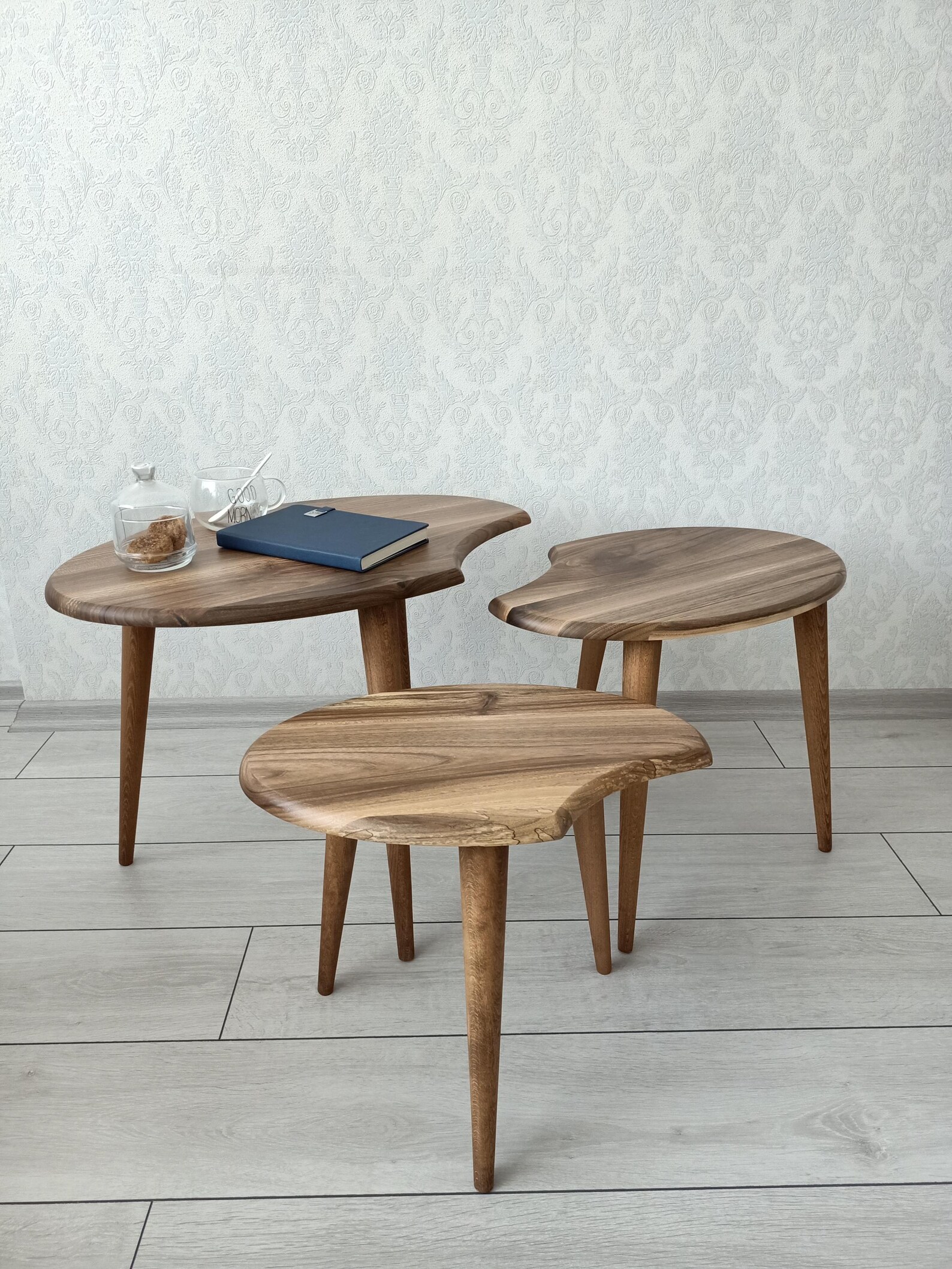 Walnut Nesting Table Set, Natural Wooden Coffee Table Set for Living ...
