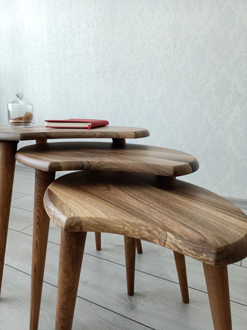 Walnut Nesting Table Set, Natural Wooden Coffee Table Set for Living ...