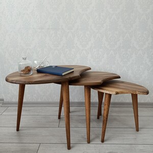 Walnut Nesting Table Set, Natural Wooden Coffee Table Set for Living ...