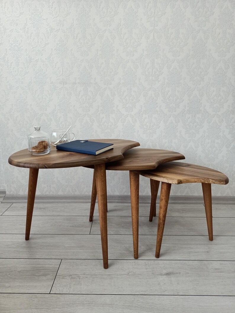 Walnut Nesting Table Set, Natural Wooden Coffee Table Set for Living ...
