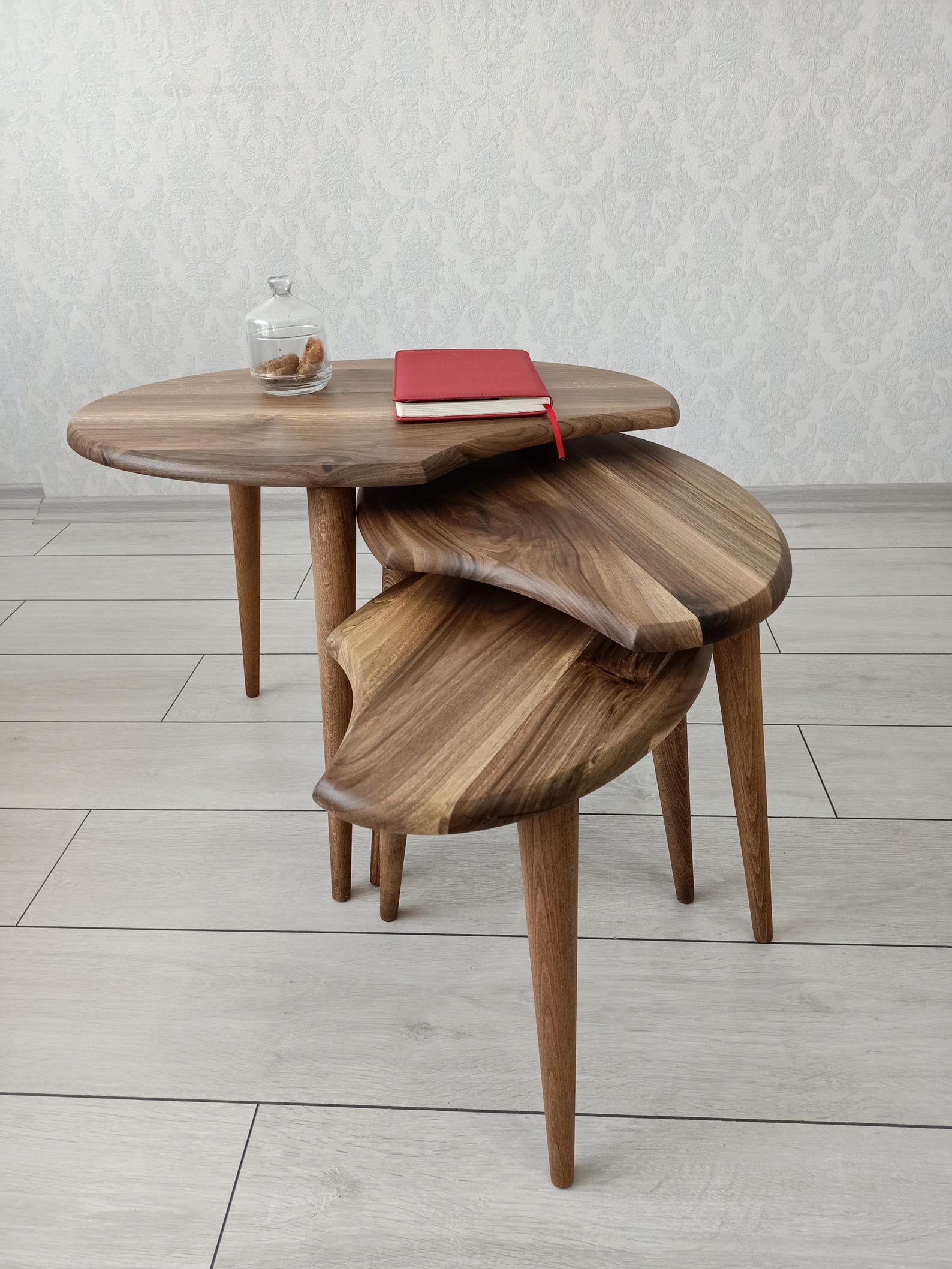 Walnut Nesting Table Set, Natural Wooden Coffee Table Set for Living ...