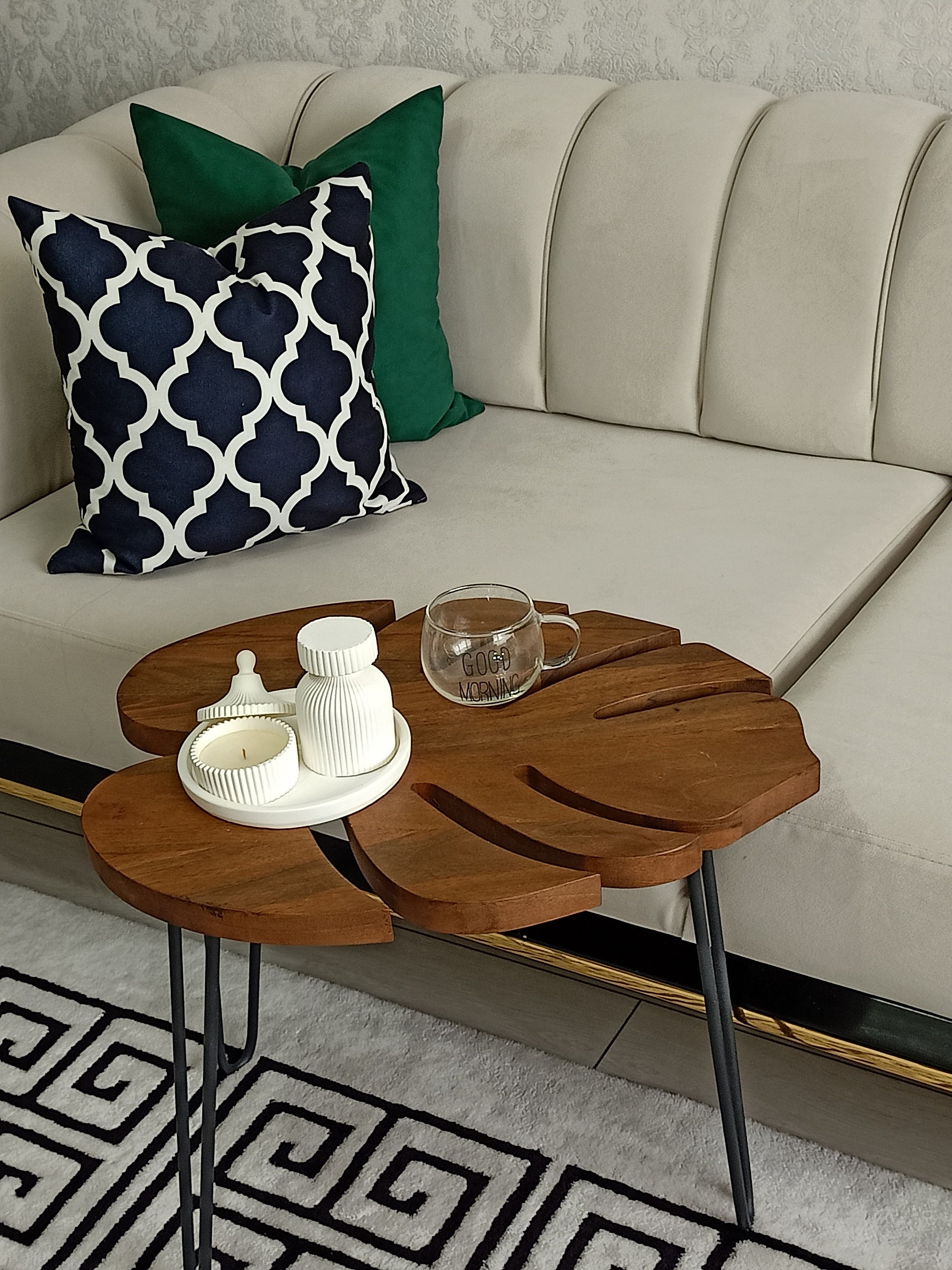 Natural Walnut Coffee Table With Metal Legs, Leaf Patterned Coffee ...