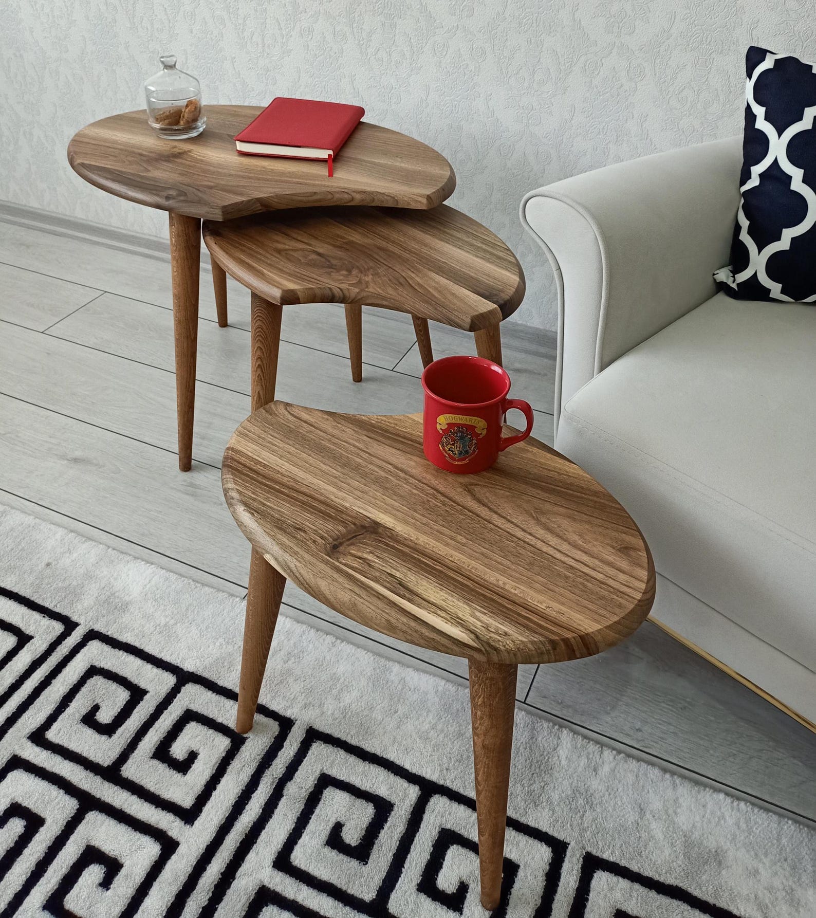 Walnut Nesting Table Set, Natural Wooden Coffee Table Set for Living ...