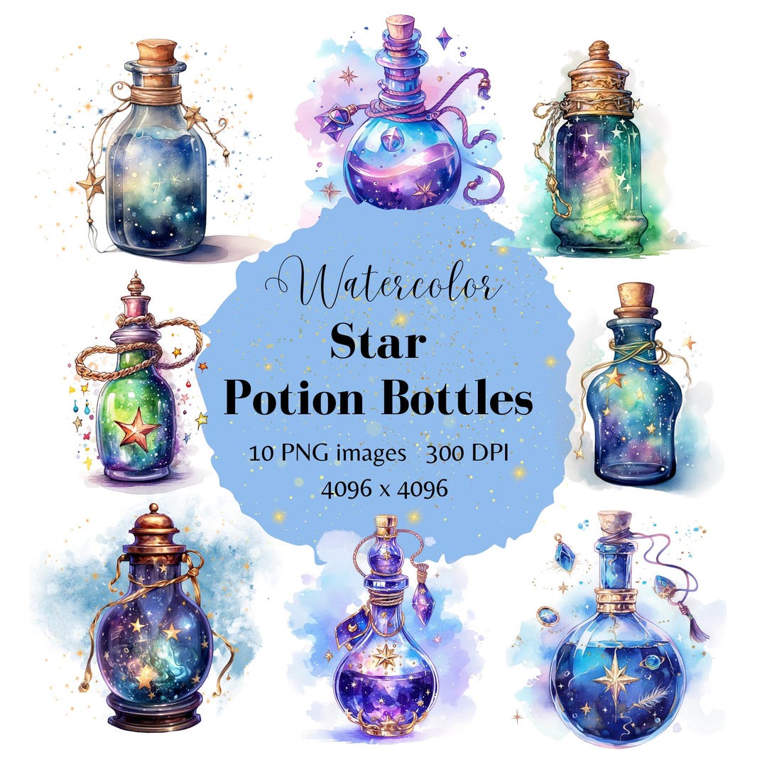 10 Watercolor Star Themed Celestial Potion Bottles Clip Art Images ...