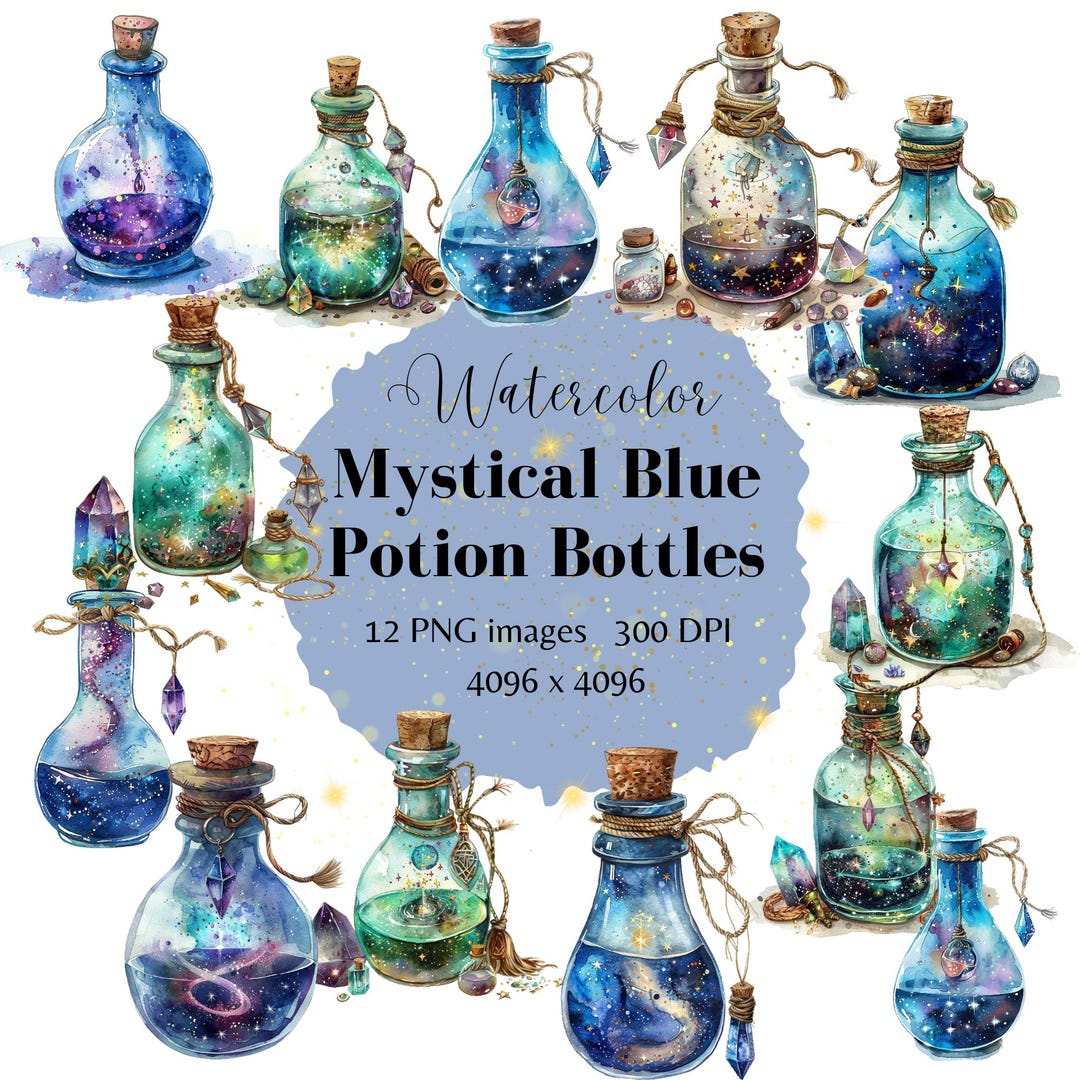 12 Mystical Blue Watercolor Potion Bottles Clip Art - Apothecary, Magic ...