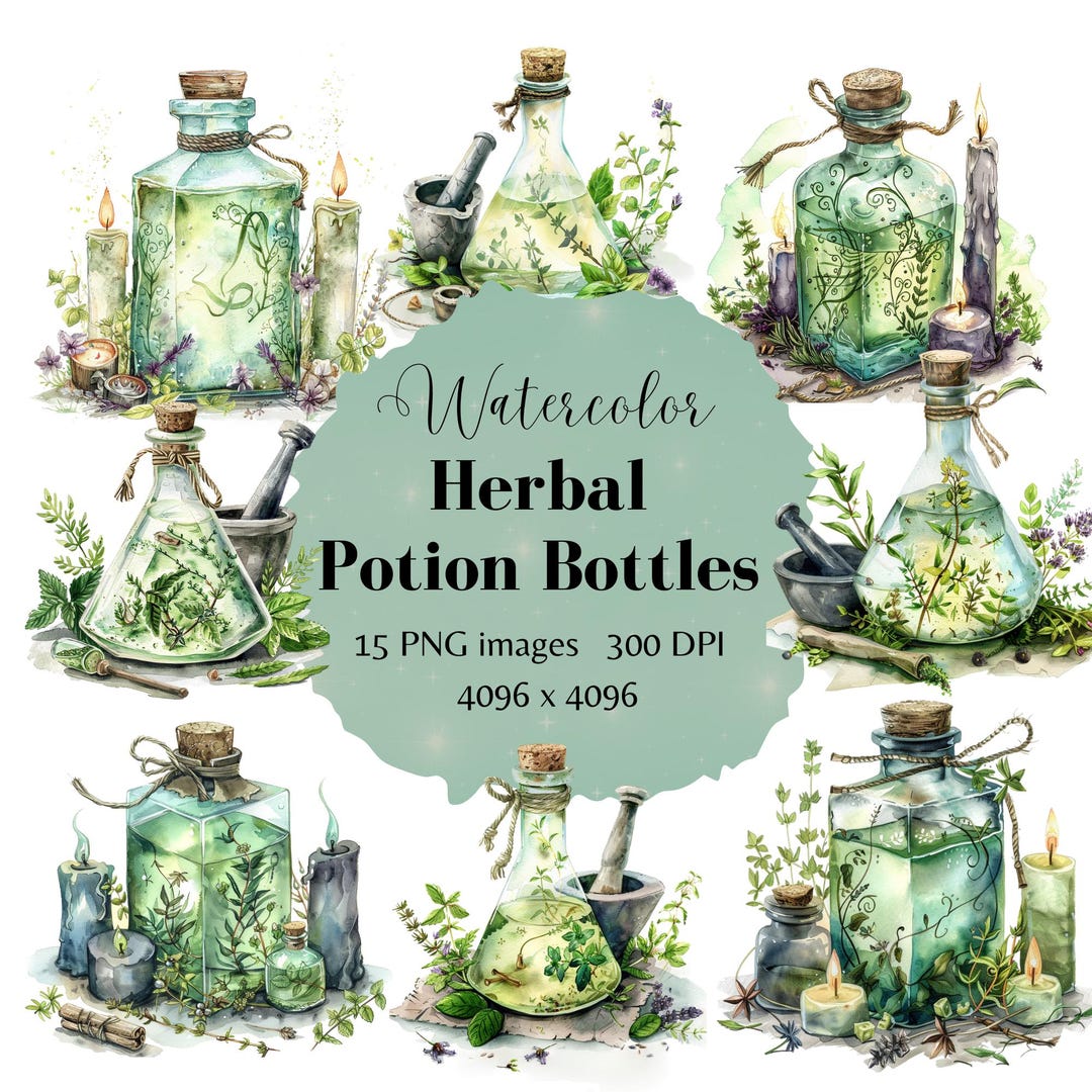 15 Watercolor Herbal Potion Bottles Clip Art Images – Apothecary, Herb ...