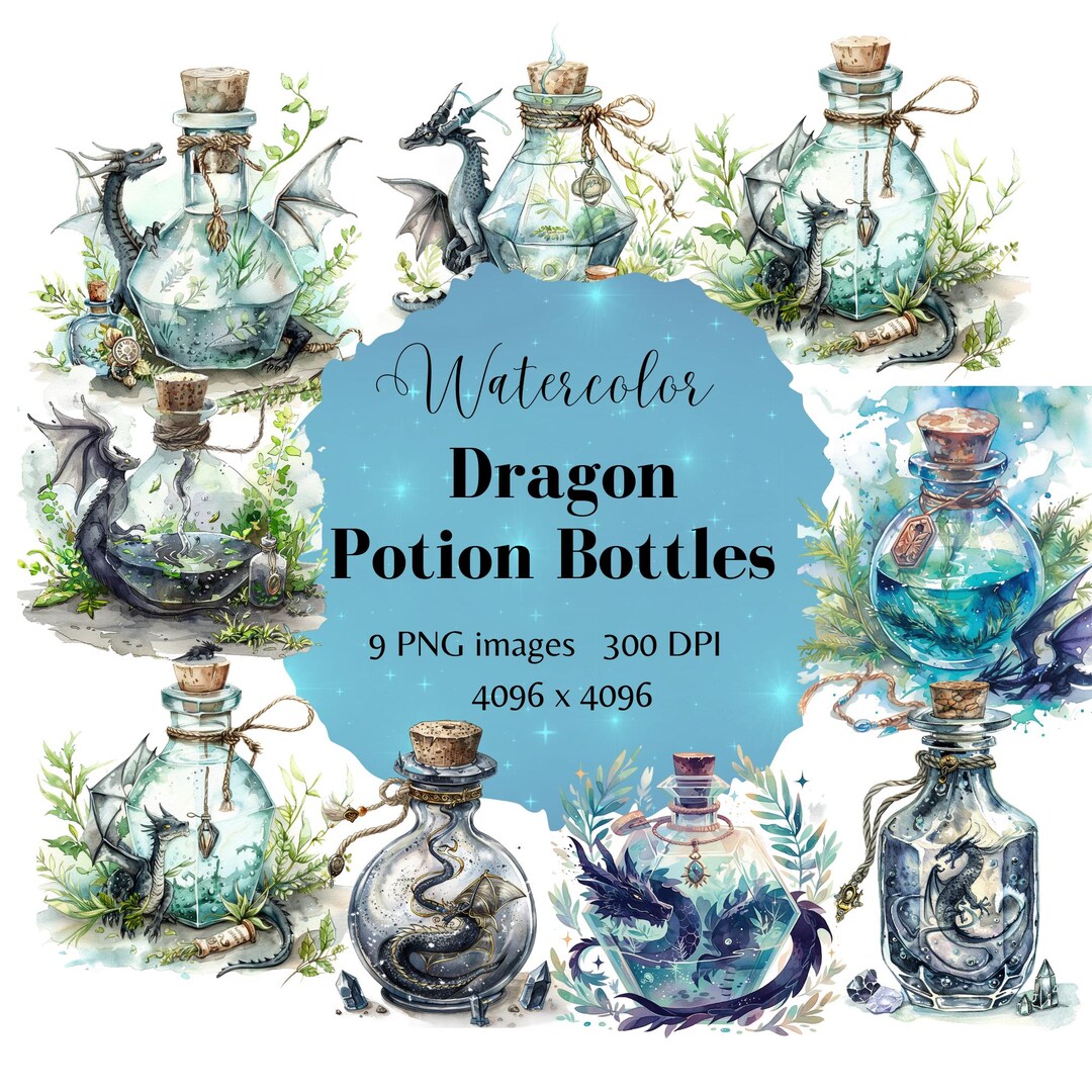 9 Watercolor Dragon Potion Bottles Clip Art Images - Apothecary, Spell ...