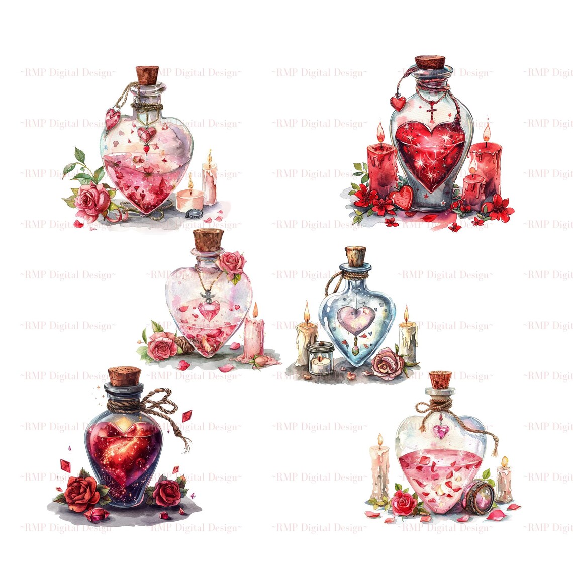 12 Watercolor Heart Potion Bottles Clip Art Images – Love Potion, Spell ...