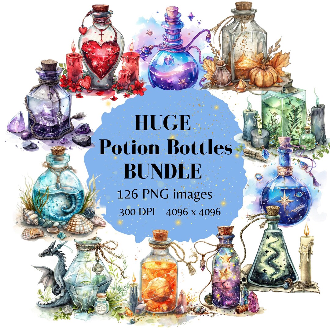 Huge Watercolor Potion Bottles Clip Art Bundle – 126 Images – Celestial, Spell Jar, Witchy, Dnd ...