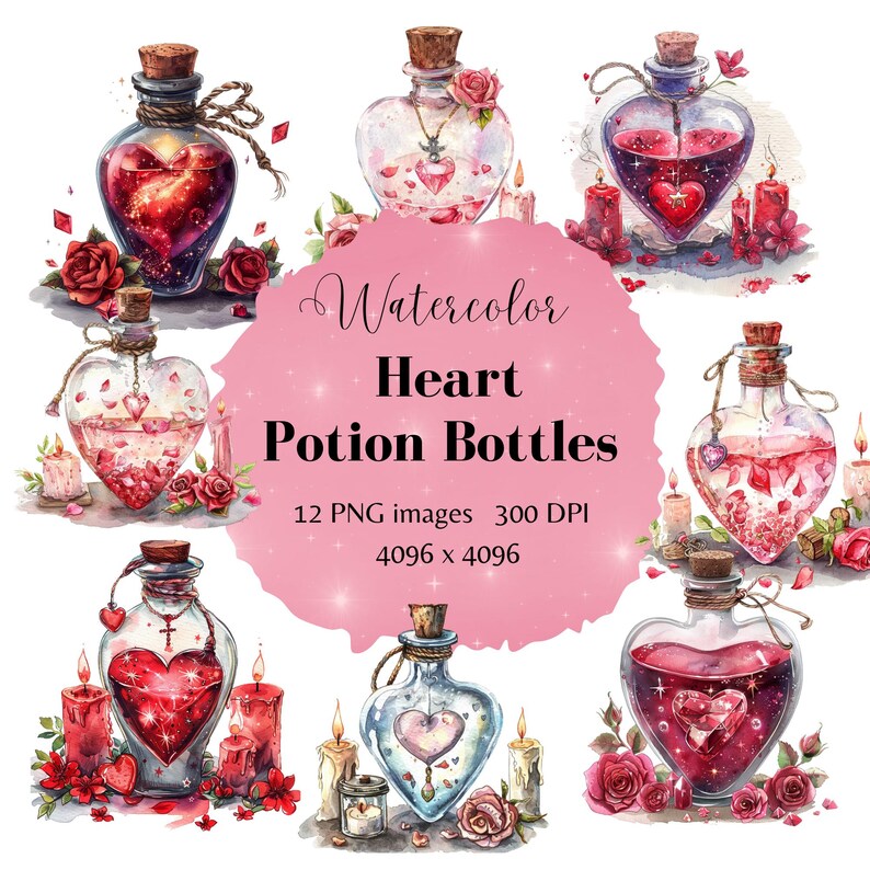 12 Watercolor Heart Potion Bottles Clip Art Images – Love Potion, Spell ...