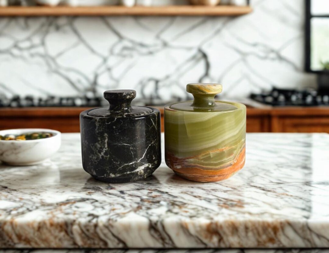 Salt Cellar With Lid - Set of 2 Marble Pepper Jar, Sugar Container ...
