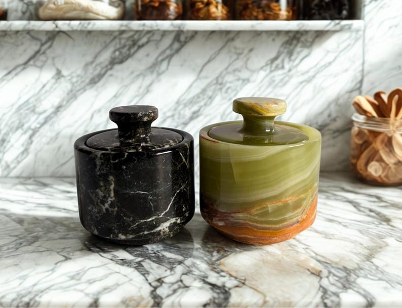 Salt Cellar With Lid - Set of Two 3" Marble Salt and Pepper Cellar ...