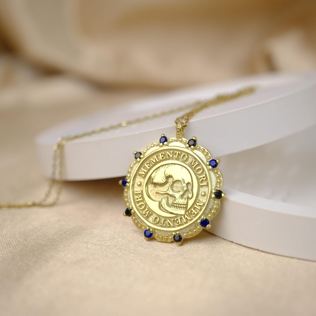 Customizable Gold Memento Mori Pendant Necklace With Gemstone Accents ...