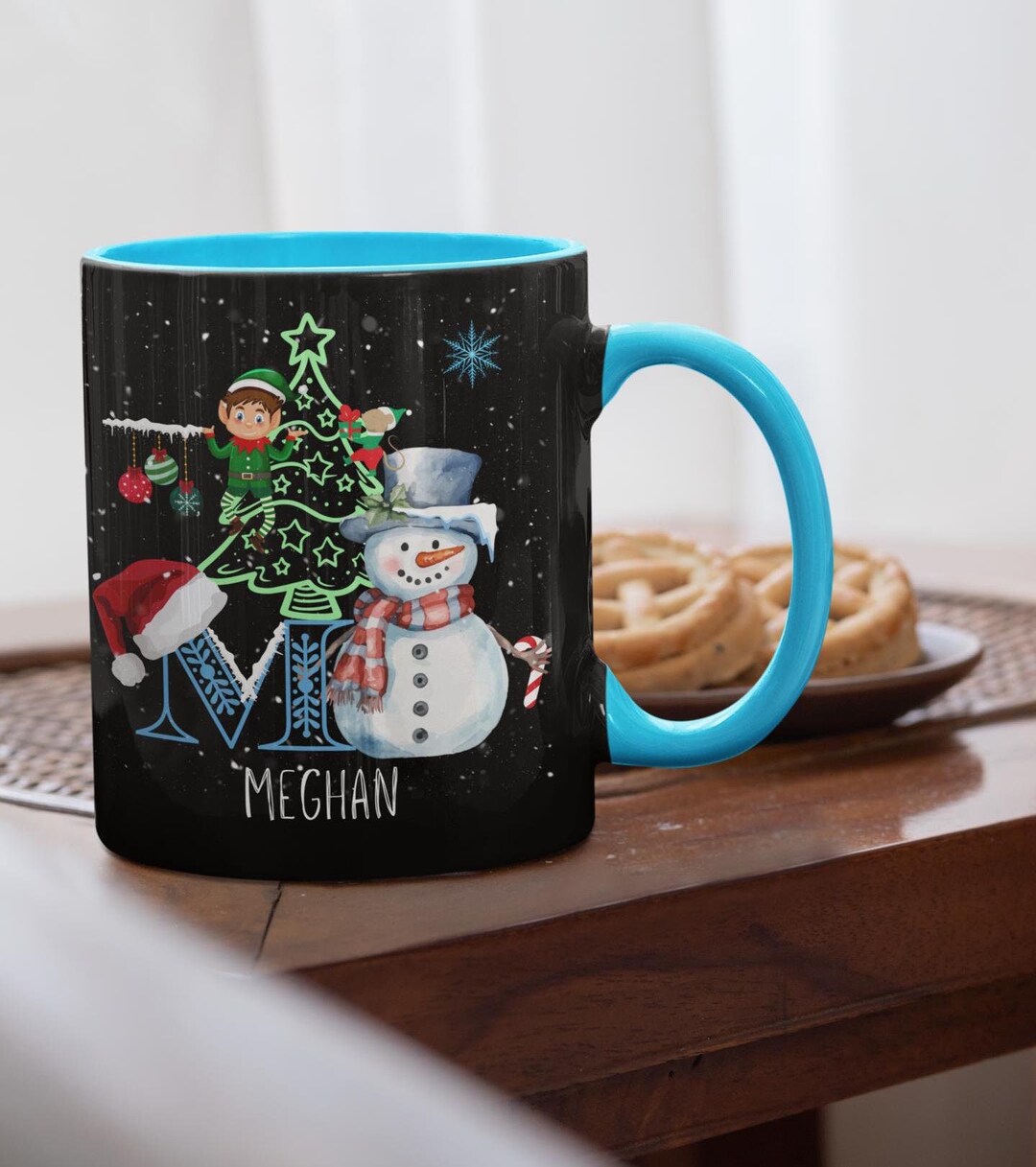 Snowman Monogram Custom Christmas Mug, Cute M With Snow, Print is on ...