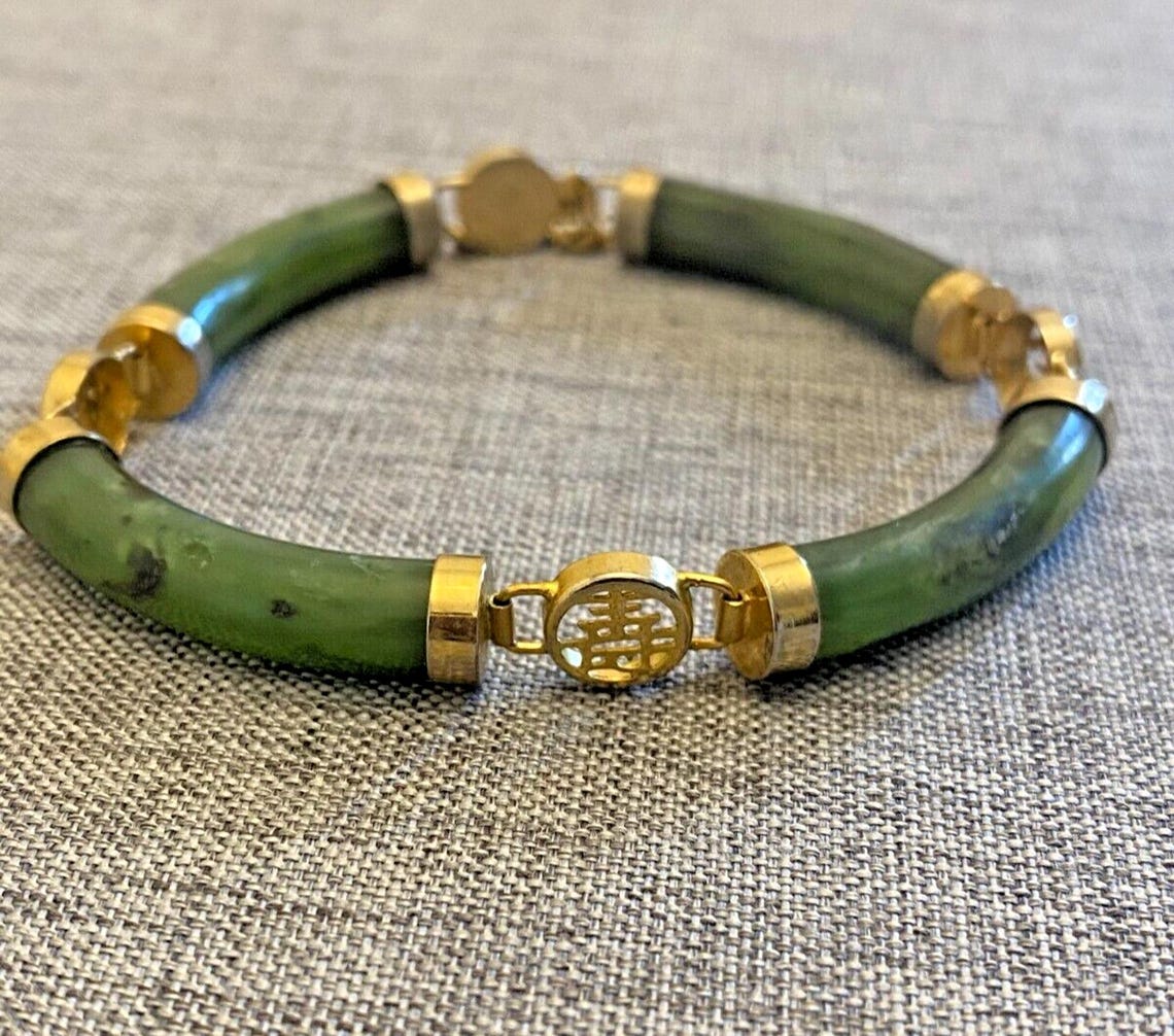 Vintage Alaskan Jade Curved Bar & Gold Clad Chinese Symbols Link ...