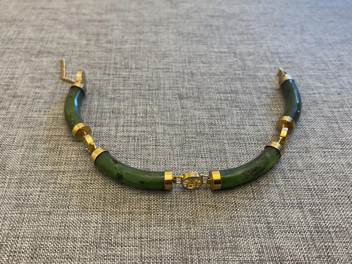 Vintage Alaskan Jade Curved Bar & Gold Clad Chinese Symbols Link ...