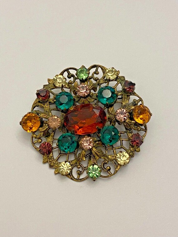 Vintage 1950's Filigree Multicolor Rhinestone Gold Pl… - Gem