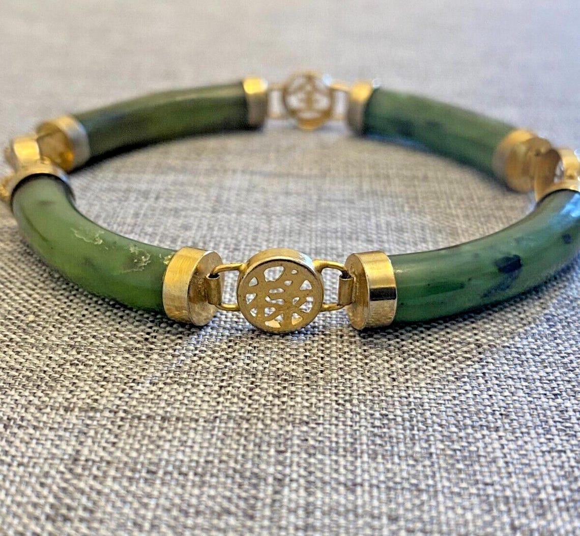 Vintage Alaskan Jade Curved Bar & Gold Clad Chinese Symbols Link ...