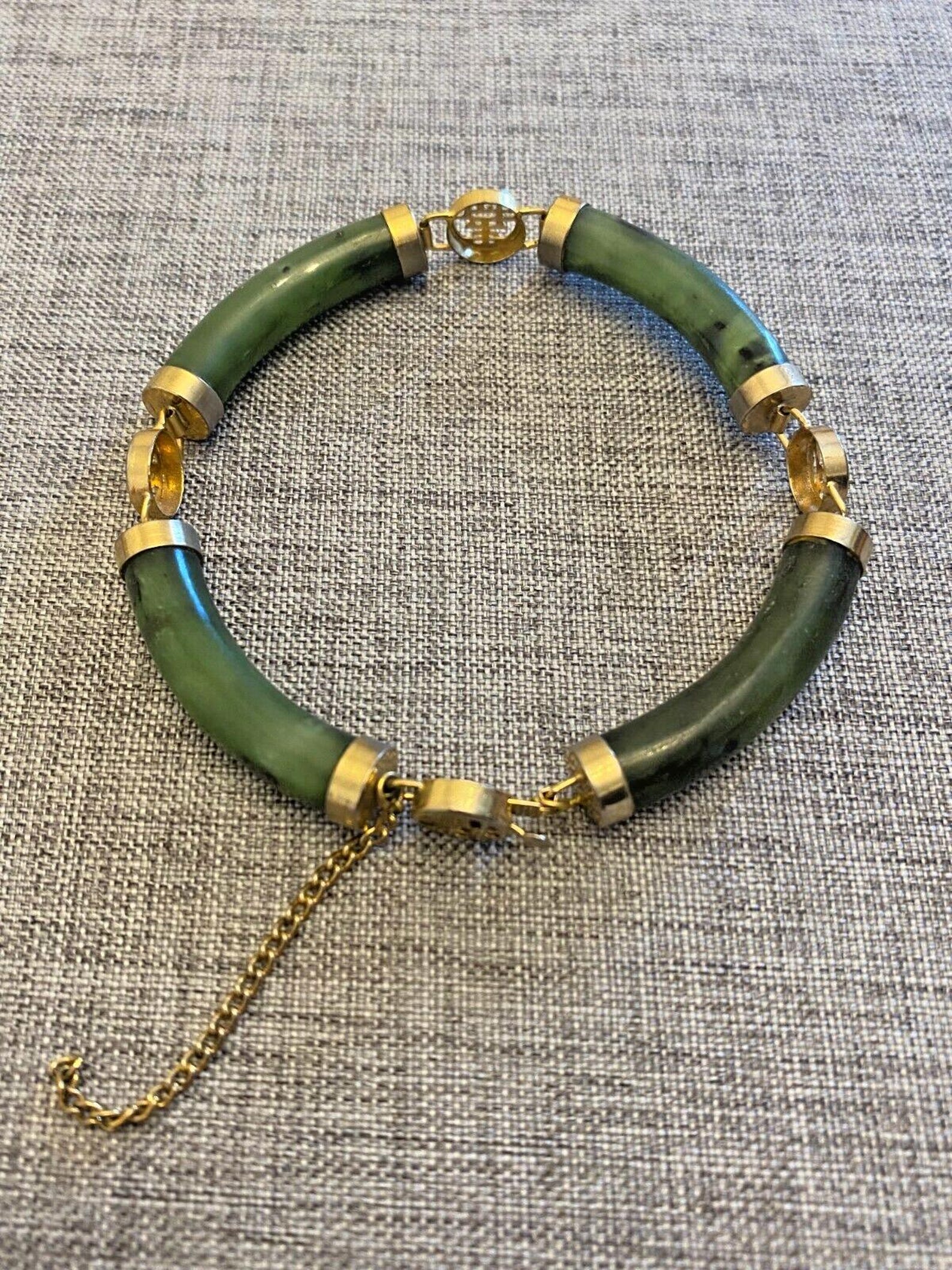 Vintage Alaskan Jade Curved Bar & Gold Clad Chinese Symbols Link ...