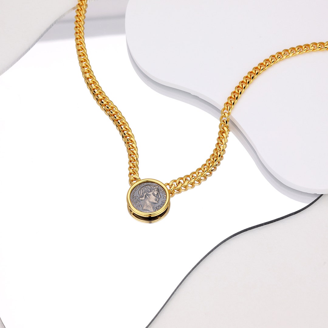 Poseidon Ancient Coin Thick Curb Chain Necklace，ancient Greek Double ...