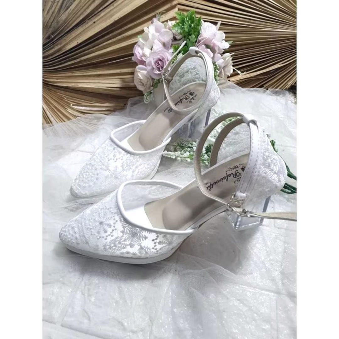 Elegant Lace Block Heels With Ankle Strap - Handmade Bridal Pumps ...