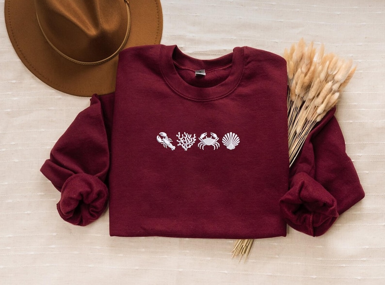 Sea Life Embroidered Sweatshirt, Coastal Ocean Crewneck Sweater ...