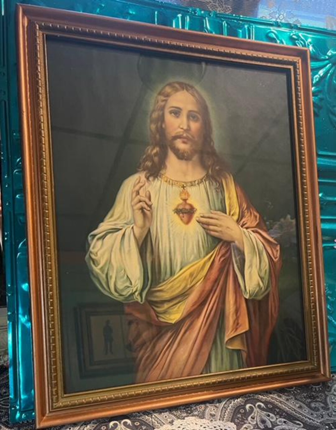 Vintage Large Wood Framed Jesus Sacred Heart Print - No Hanger - Etsy