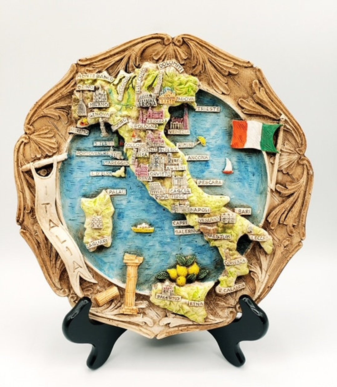 Vintage Legnoart Italy Wall Plaque - 3D Resin Map Diorama With Scrolled ...