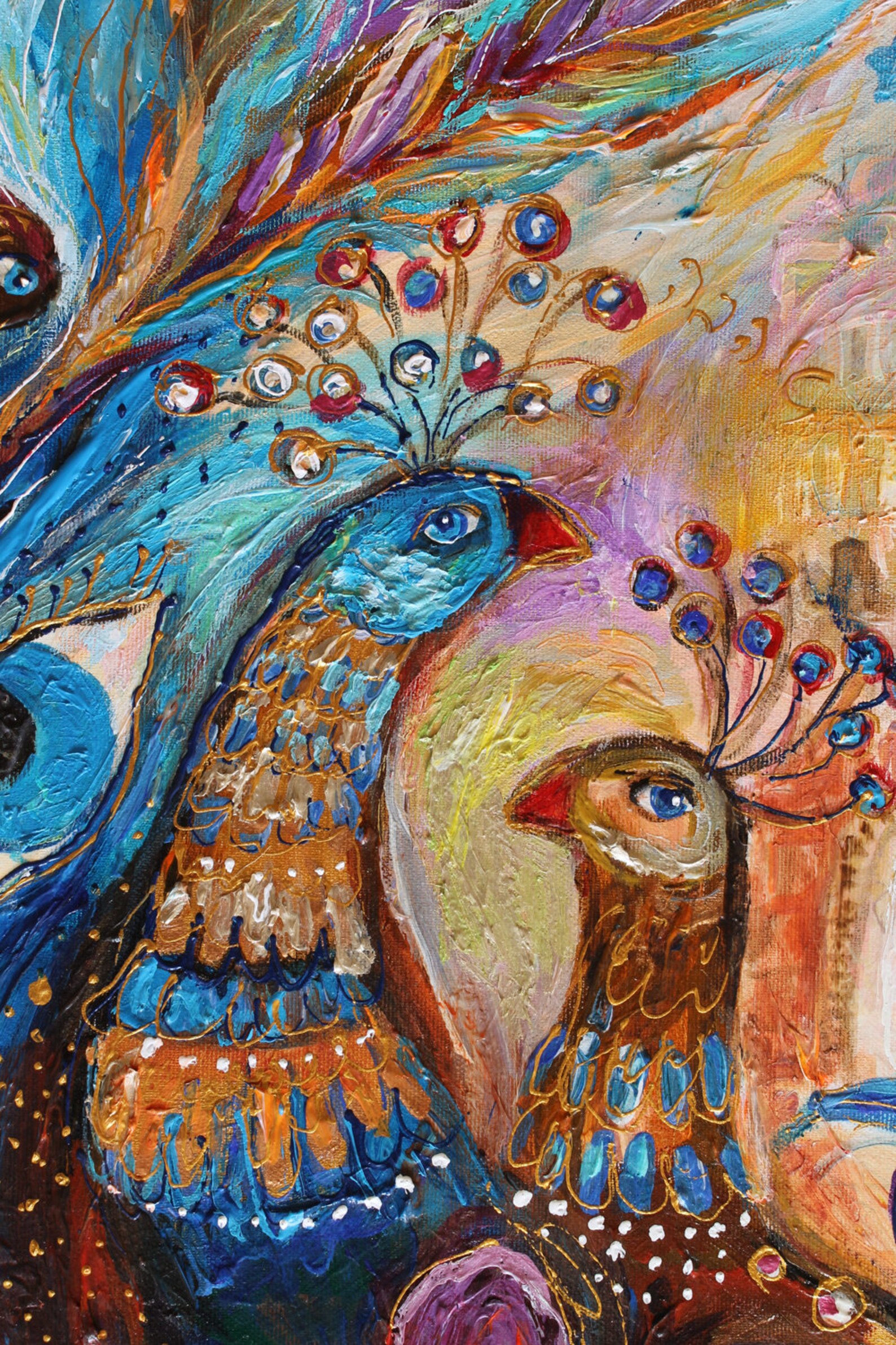 Original Colorful Canvas Painting Birds Pomegranates Hebrew Words ...