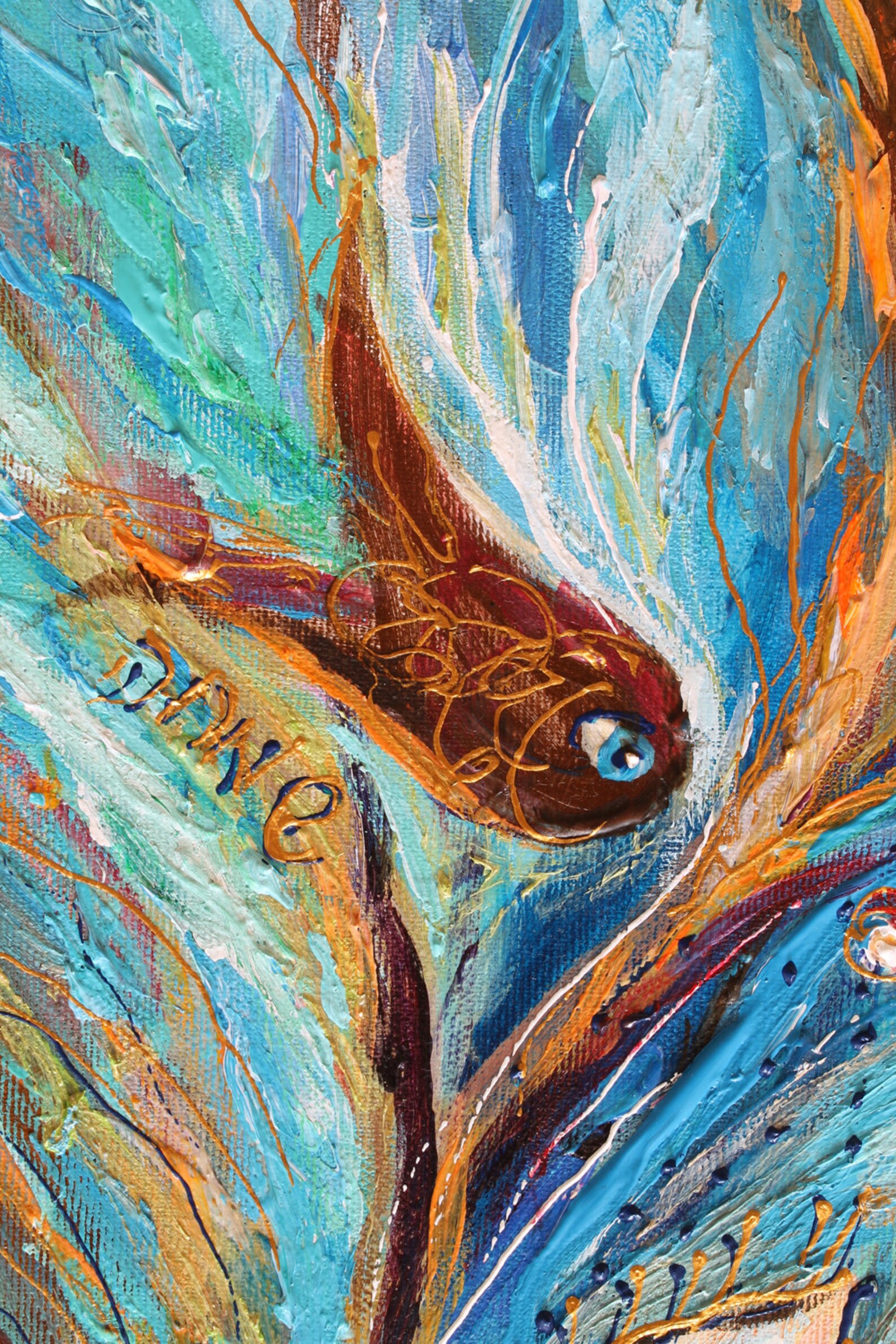 Original Colorful Canvas Painting Birds Pomegranates Hebrew Words ...