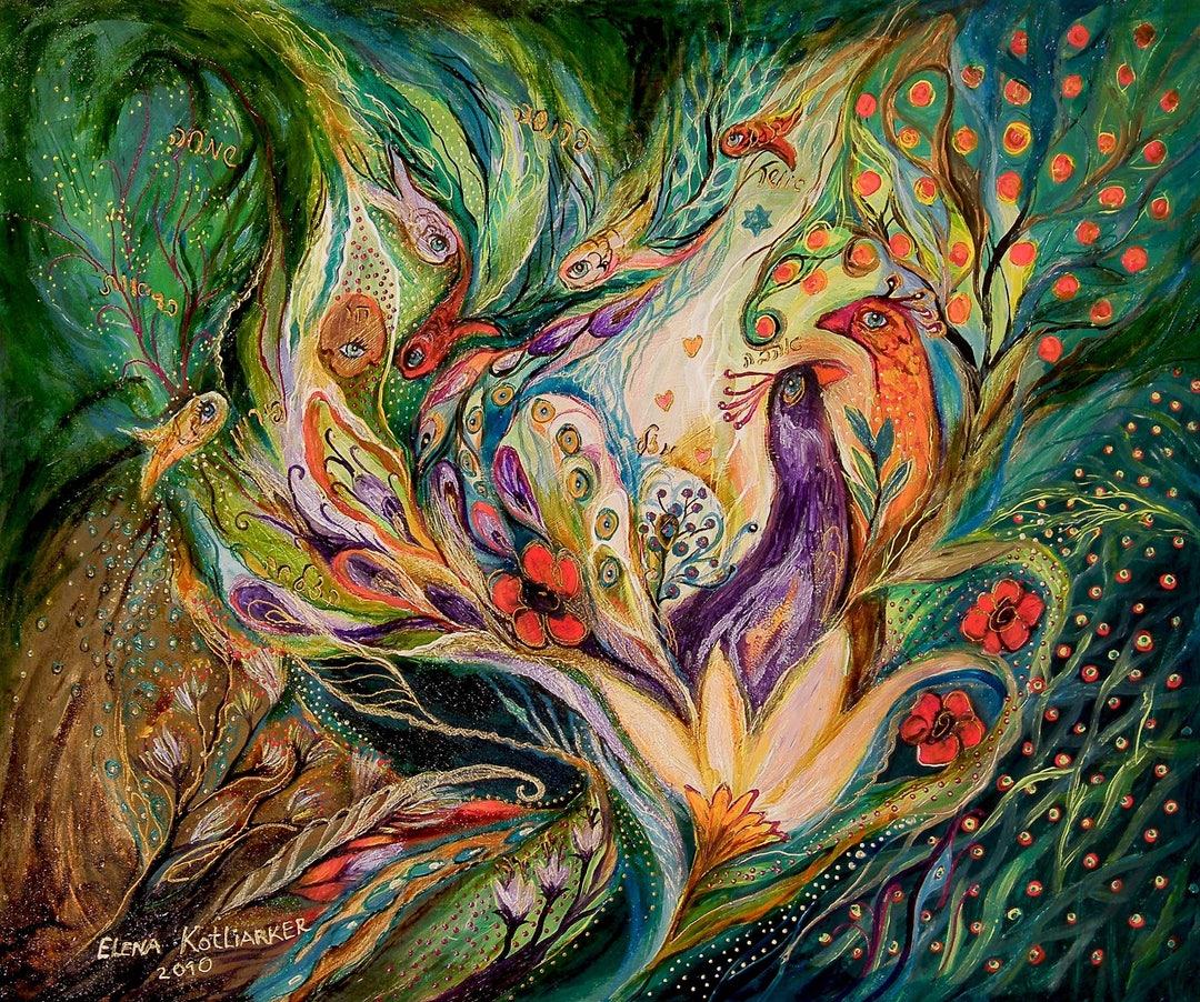 Jewish Nature Art "the Glade" Chagall Style Bird Painting, Israeli Wall ...