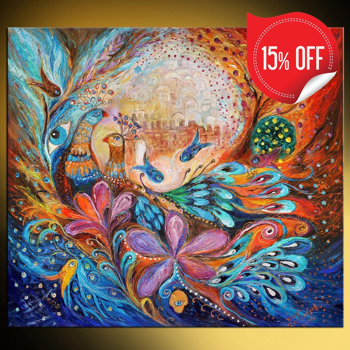 Original Colorful Canvas Painting Birds Pomegranates Hebrew Words ...