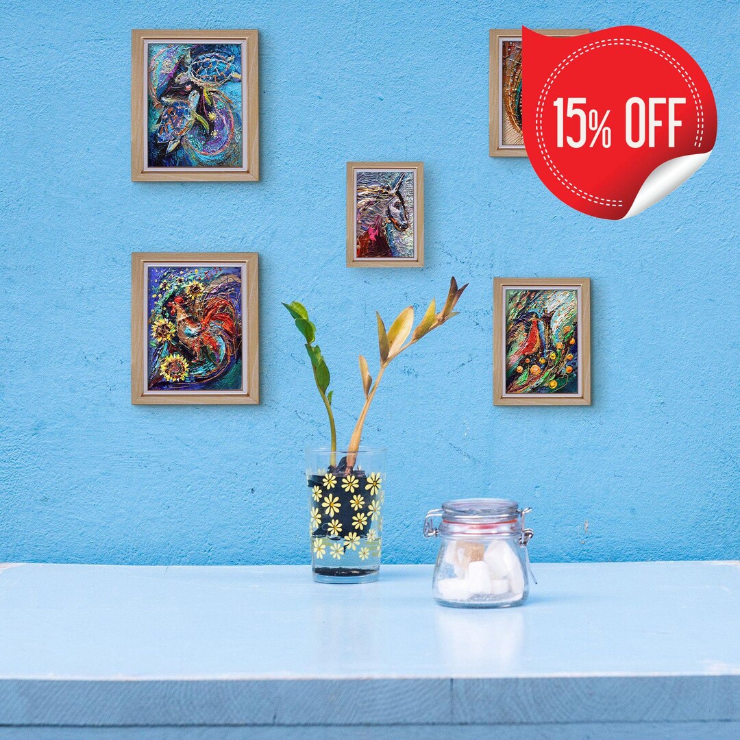 Set of Five Different Sizes Small Original Colorful Paintings. Ready-to ...