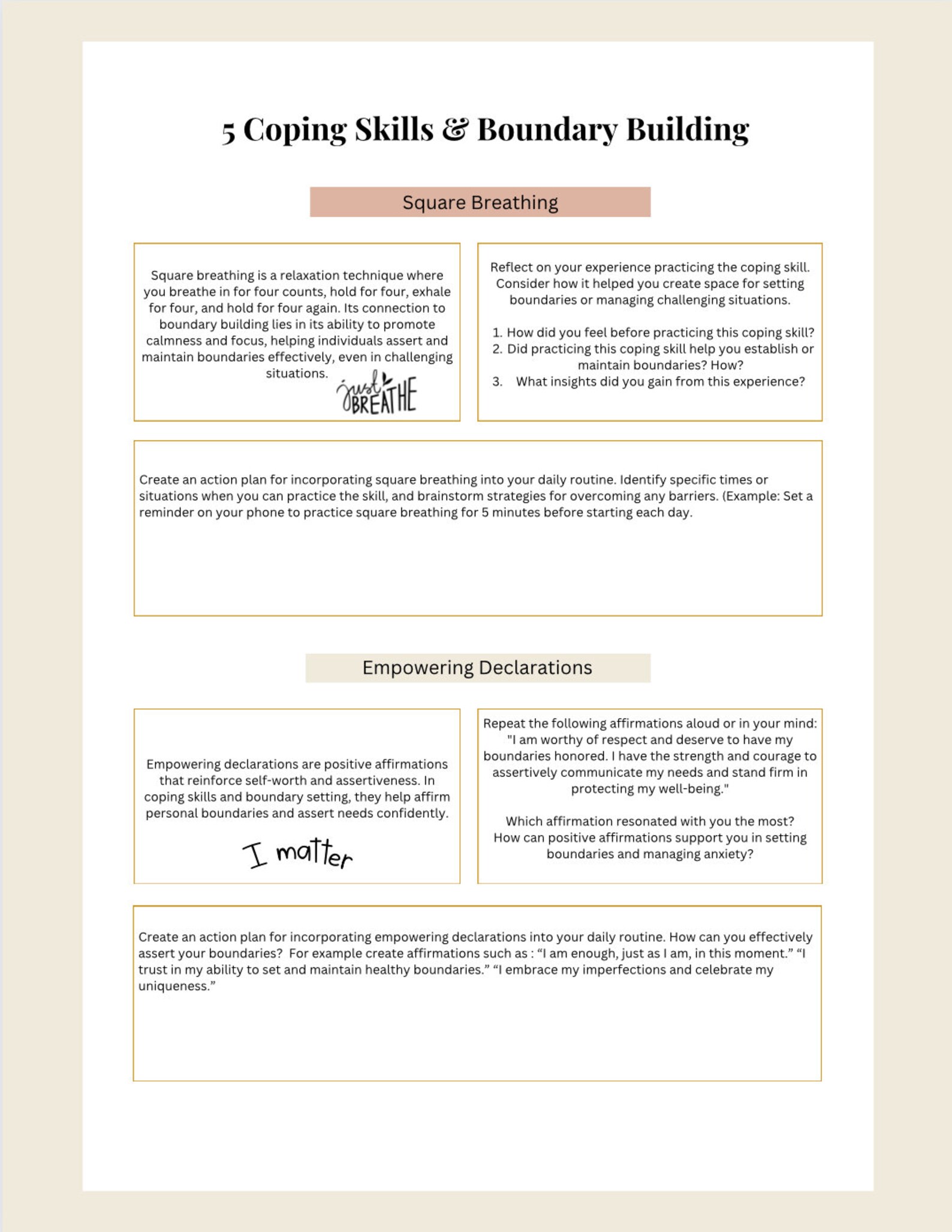 5 Coping Skills & Boundary Building Worksheet - Etsy