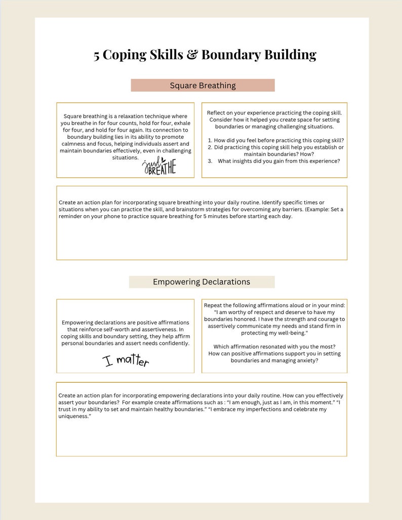 5 Coping Skills & Boundary Building Worksheet - Etsy