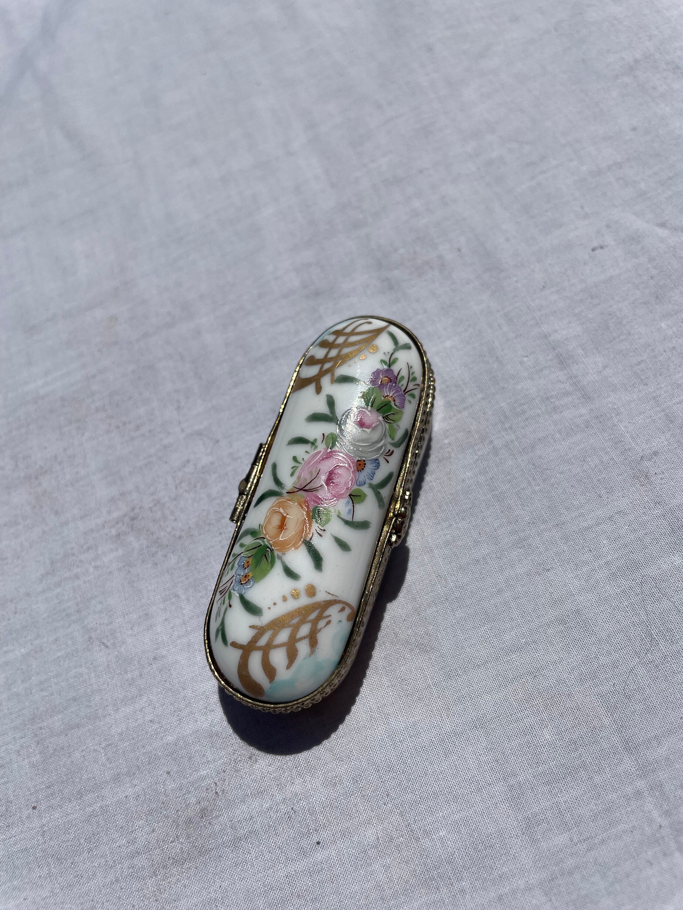 Antique Limoges France Porcelain Needle Box Trinket Case Floral Painted ...