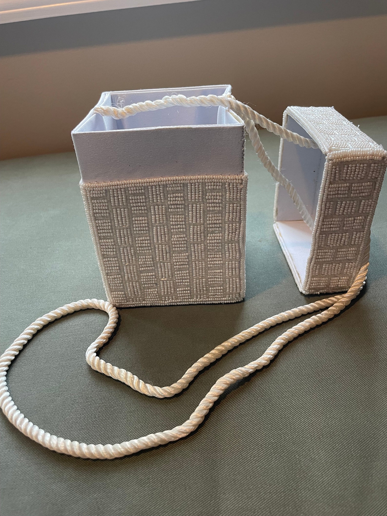 Vintage White Beaded Evening Square Box Purse With Silk Rope Strap - Etsy