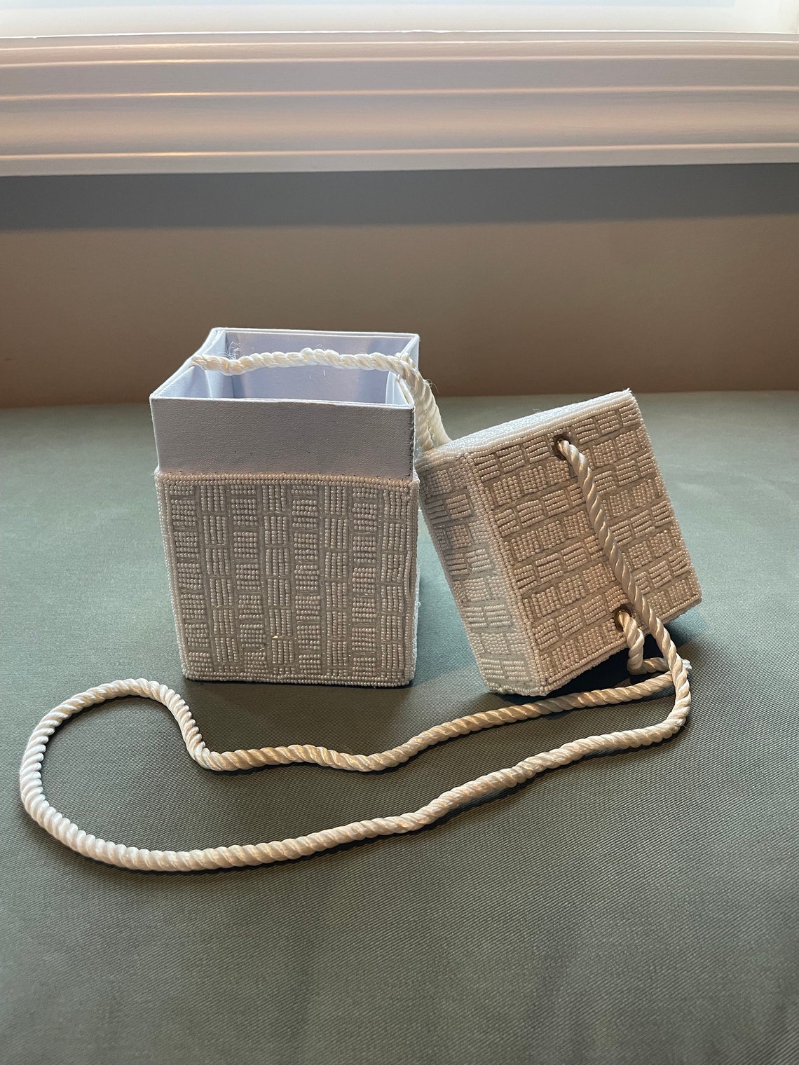 Vintage White Beaded Evening Square Box Purse With Silk Rope Strap - Etsy