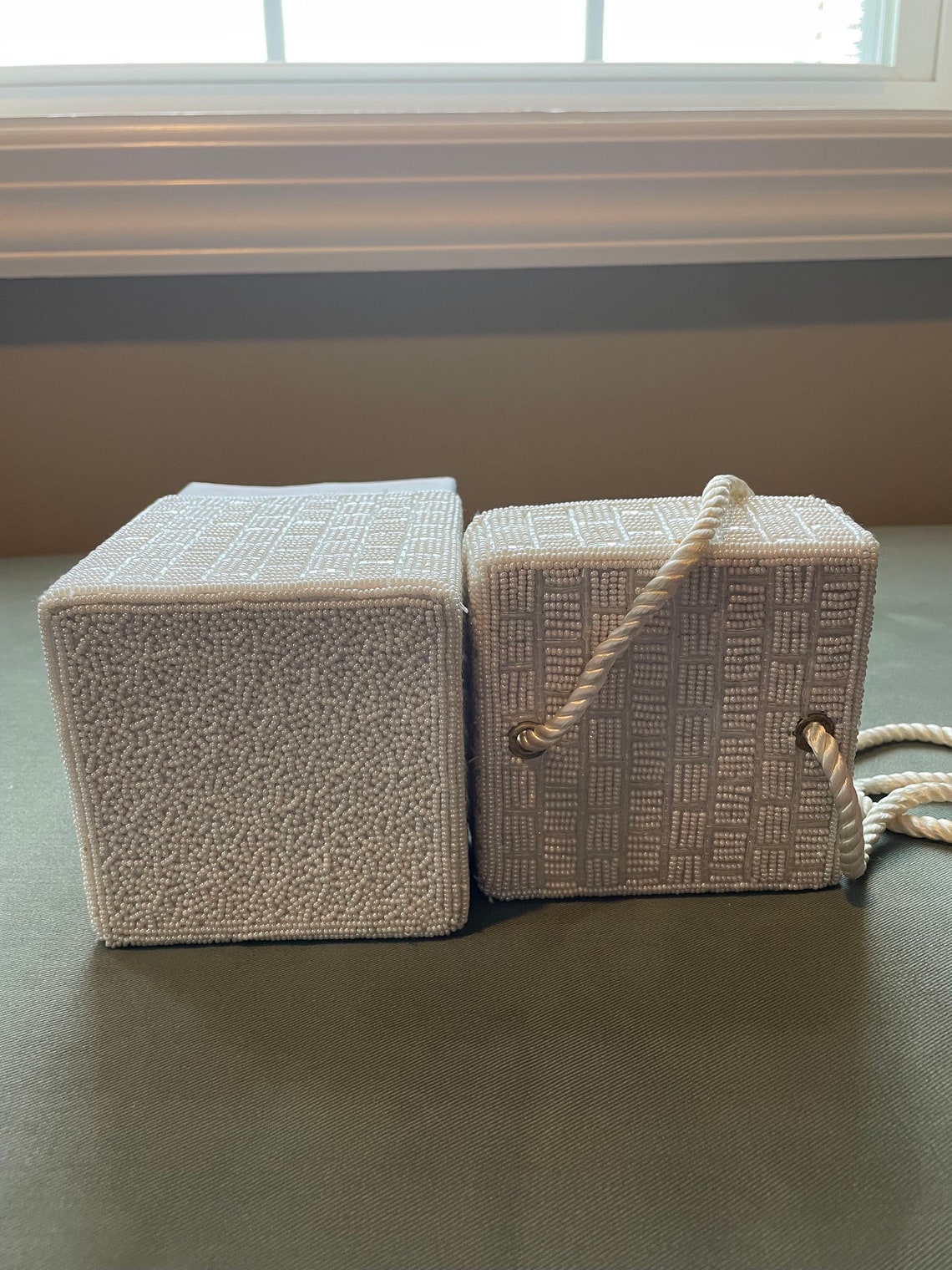 Vintage White Beaded Evening Square Box Purse With Silk Rope Strap - Etsy