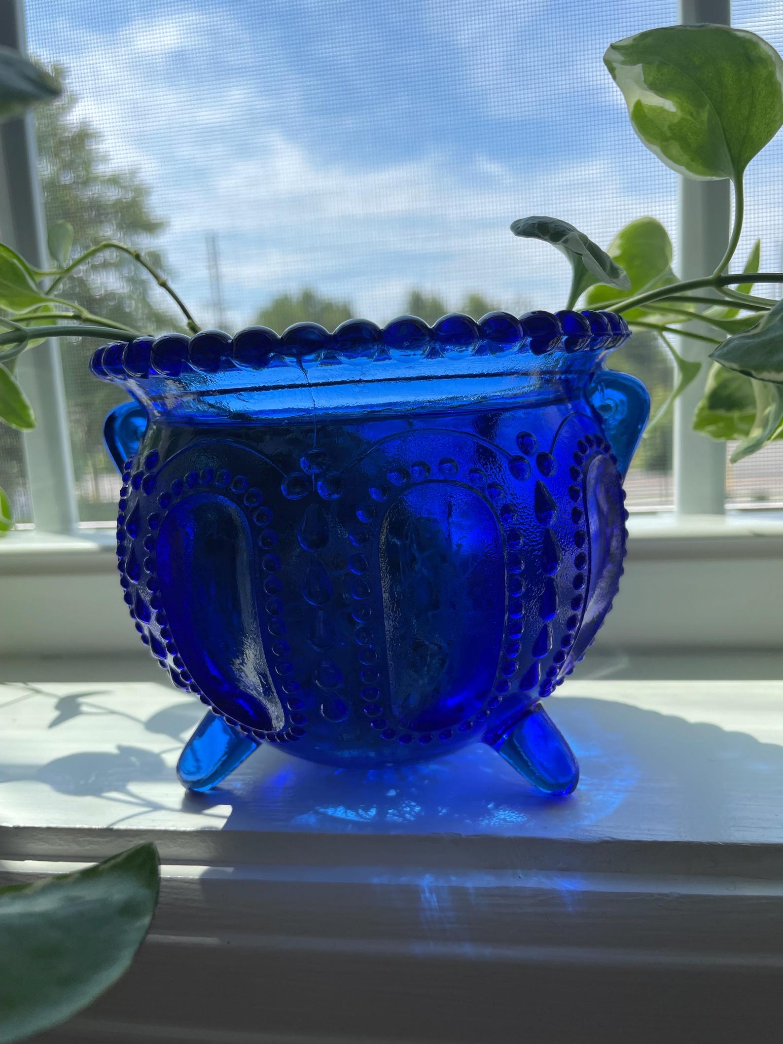 Vintage Footed Blue Glass Planter With Striking Stunning Dark Blue ...