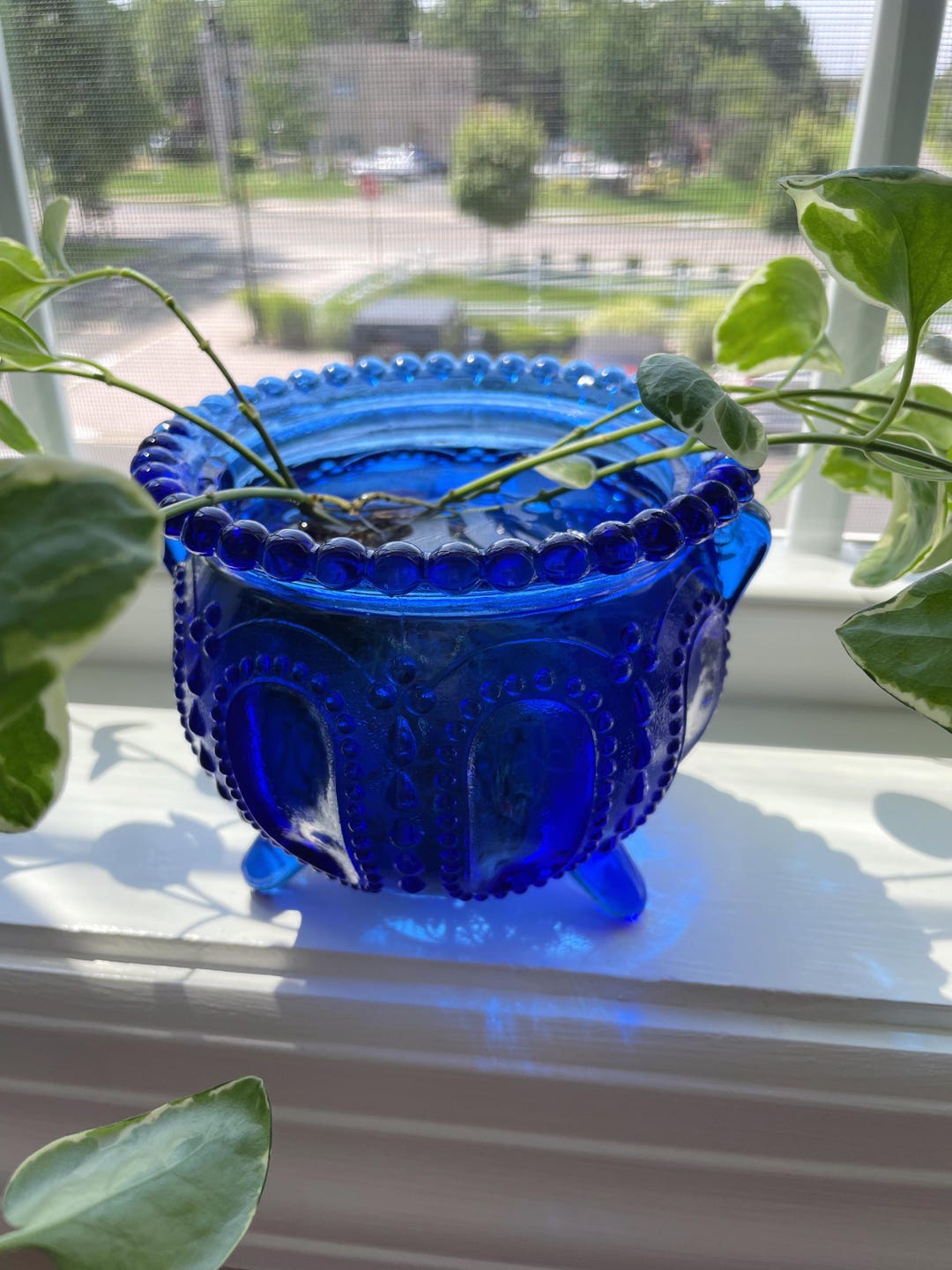 Vintage Footed Blue Glass Planter With Striking Stunning Dark Blue ...