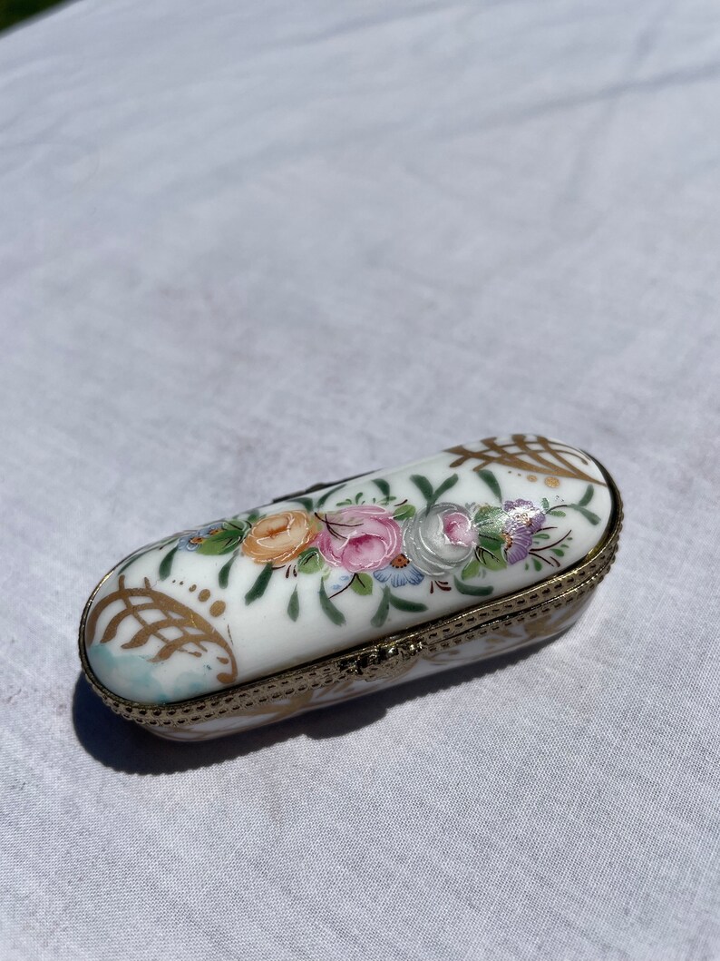 Antique Limoges France Porcelain Needle Box Trinket Case Floral Painted ...