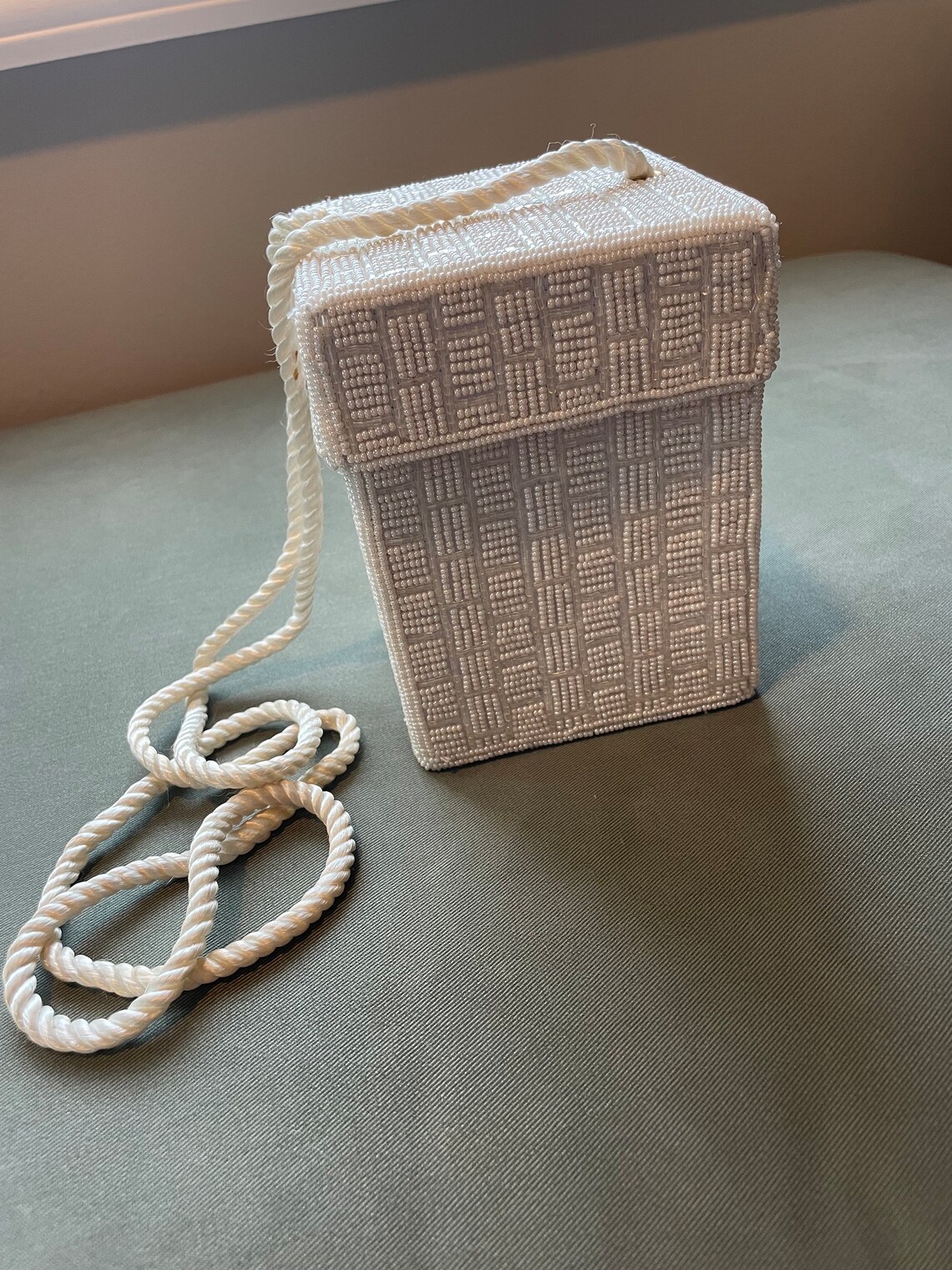 Vintage White Beaded Evening Square Box Purse With Silk Rope Strap - Etsy
