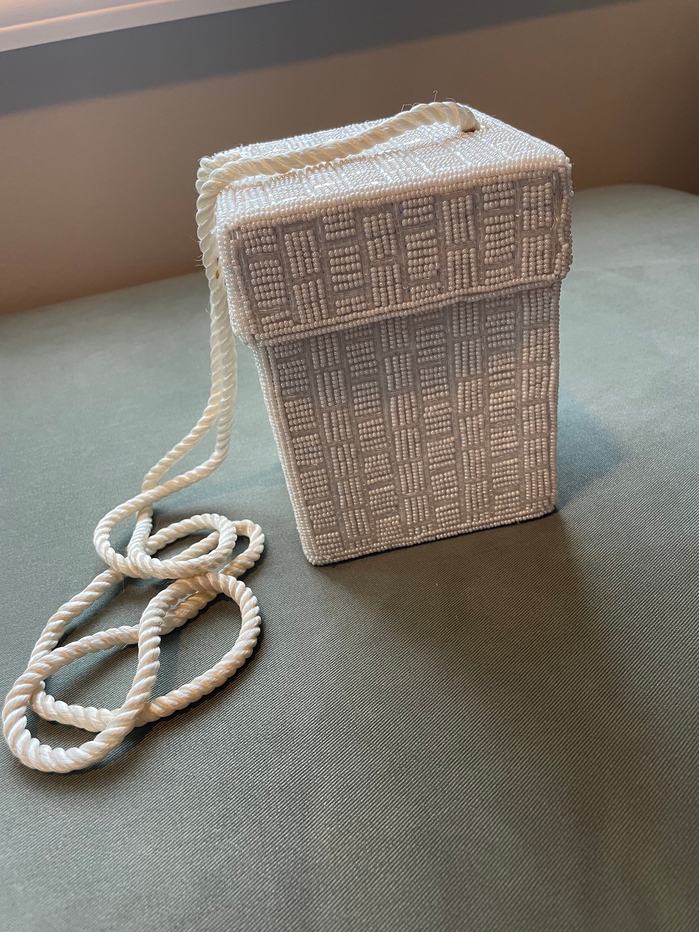 Vintage White Beaded Evening Square Box Purse With Silk Rope Strap - Etsy
