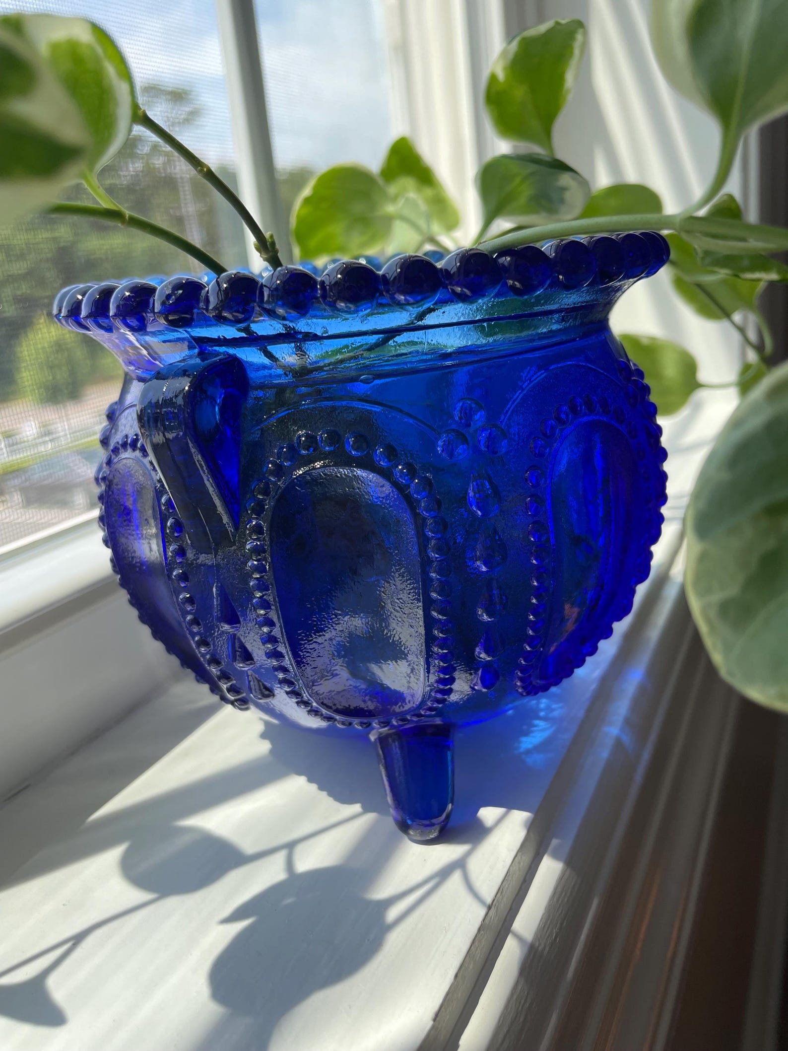 Vintage Footed Blue Glass Planter With Striking Stunning Dark Blue ...