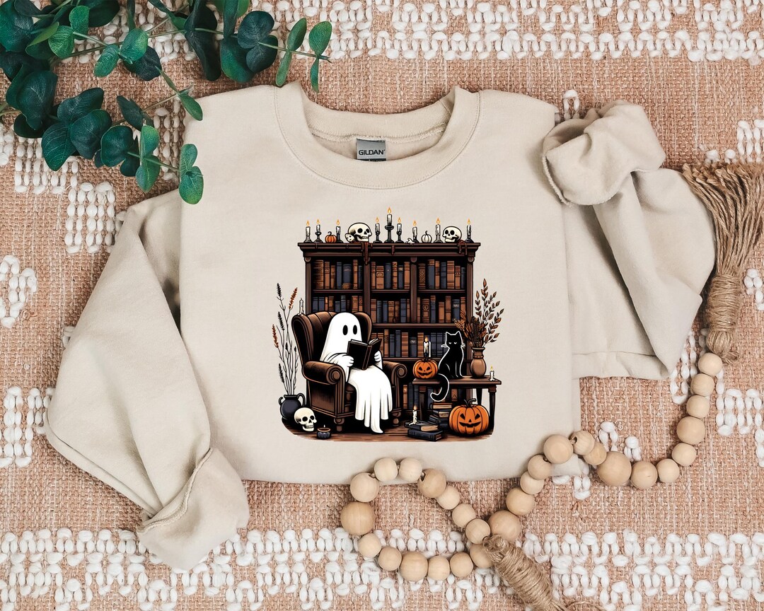 Hallowen Ghost Sitting on Couch Reading Books Sweatshirt, Pumpkin ,cat ...