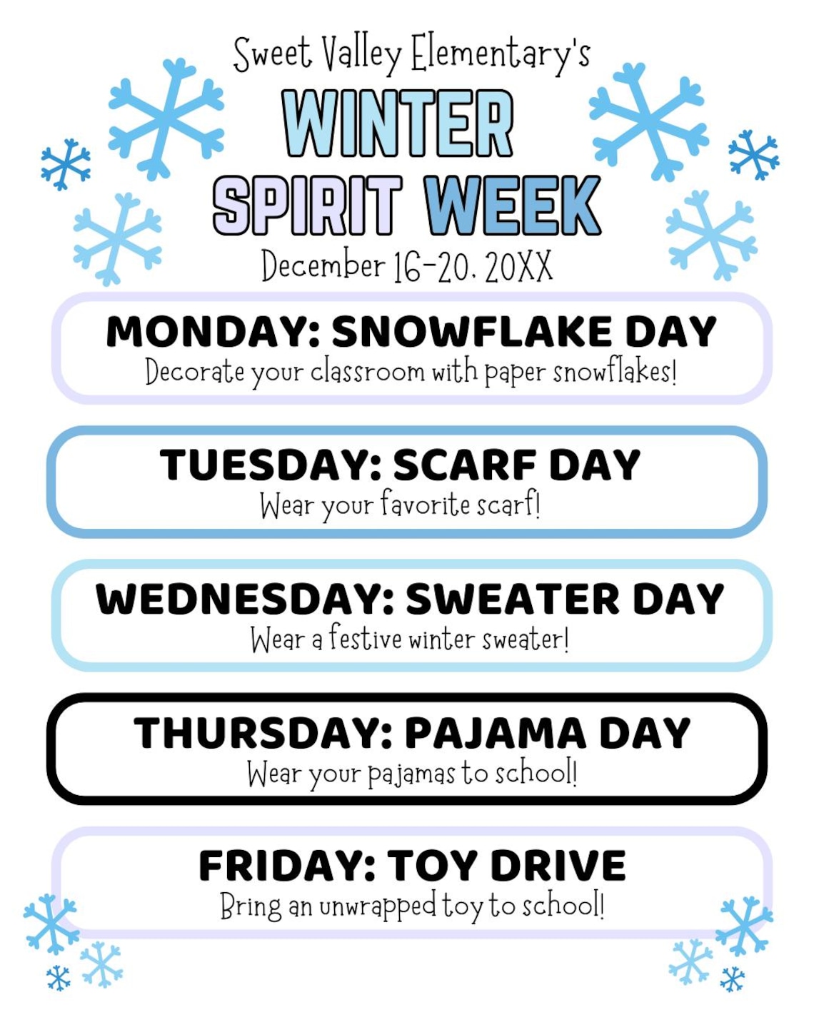 Editable Winter Spirit Week Flyer Template, School Spirit Schedule ...